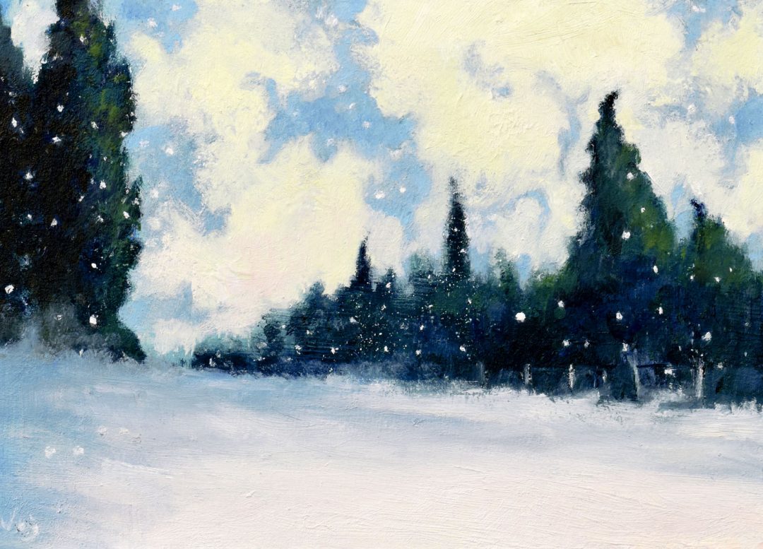 Magical Snow Scene Painting with Swirly Clouds and Tall Dark Trees