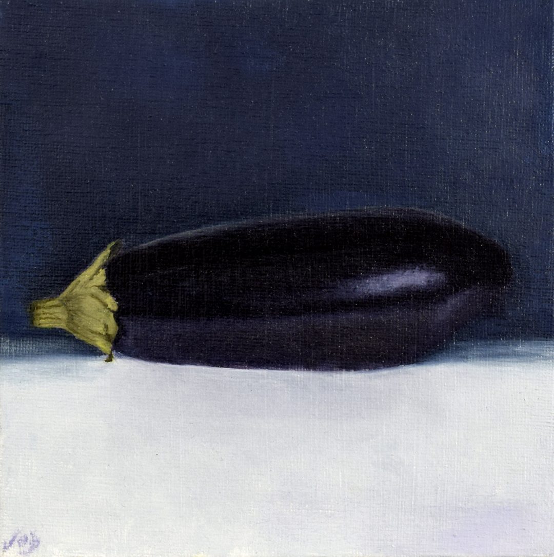Still Life Oil Painting of a Deep Violet Aubergine in the Morning Light